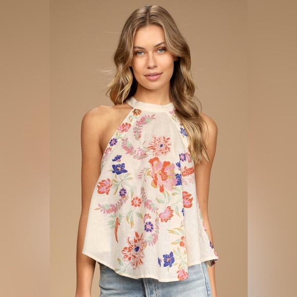 Free People | Tops | Emily Ivory Floral Print Halter Tieback Tank Top ...